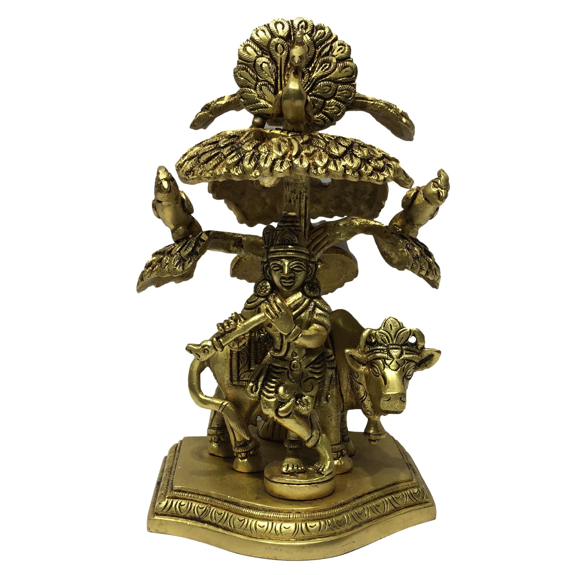 Flute Krishna under Tree with Cow, Peacock, Parrots Brass Antique Figu ...