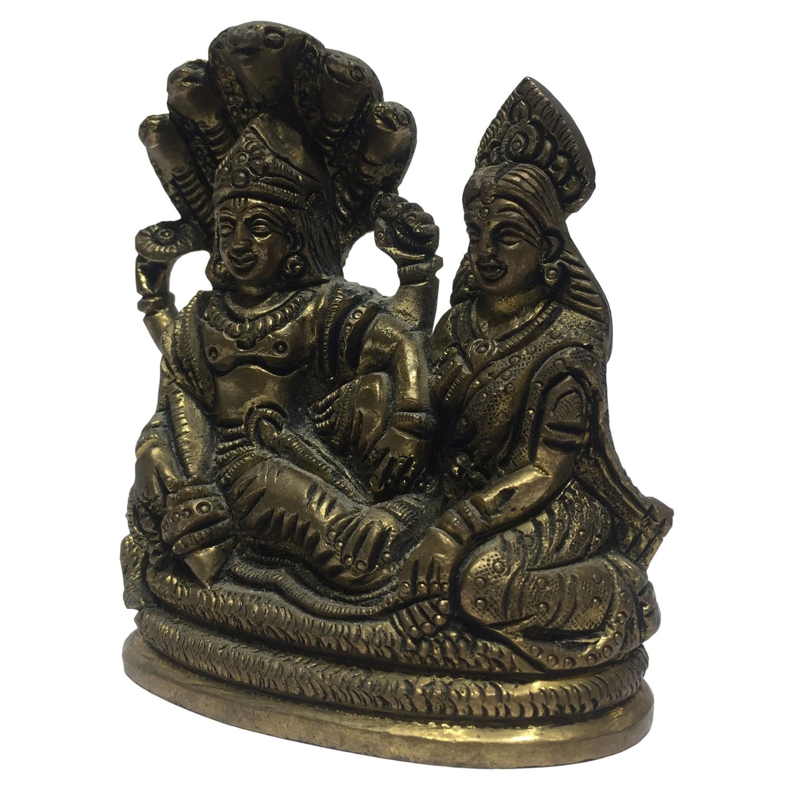Mahavishnu and Lakshmi Seated on Bed of Adisesha Brass Antique Figurin ...